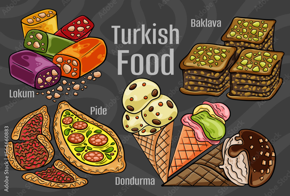 Turkish food. A set of classic dishes. Cartoon hand drawn illustration ...