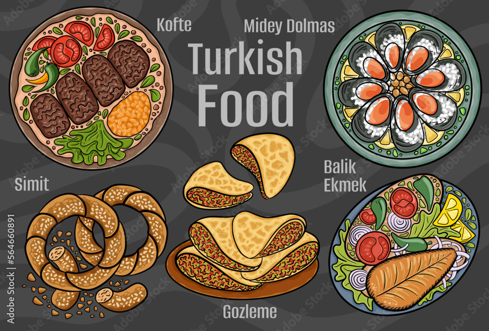 Turkish food. A set of classic dishes. Cartoon hand drawn illustration ...