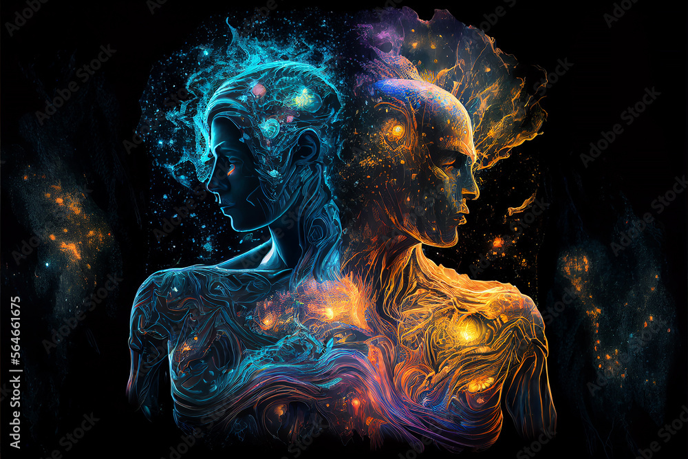 Man and woman silhouettes at abstract cosmic background. Human souls ...