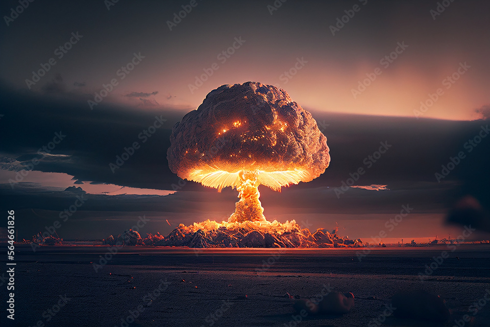 Nuclear bomb explosion. Destruction of life by atomic energy. World war ...