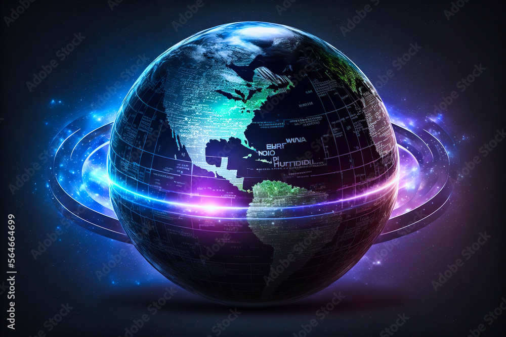 planet Earth globe shown in futuristic cyberpunk hologram style, news ...