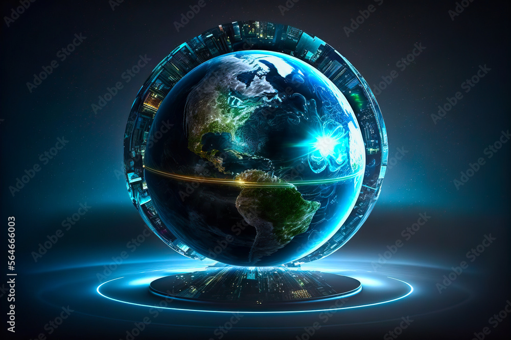 planet Earth globe shown in futuristic cyberpunk hologram style, news ...