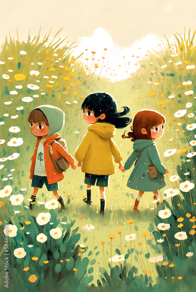 Children playing in the blooming meadow. Kids walk in the field. Back ...