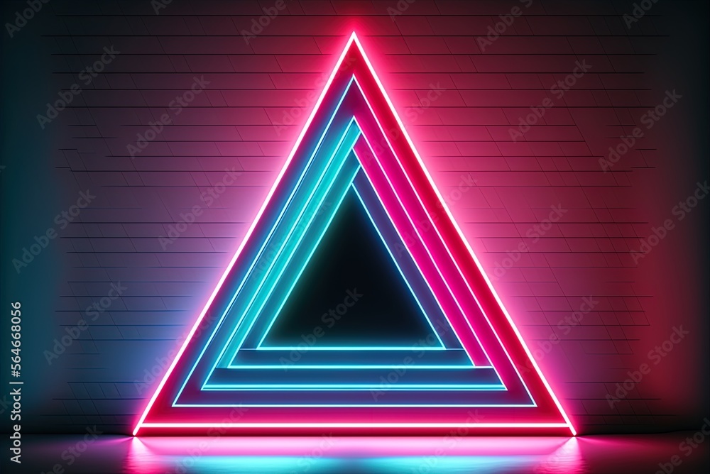 Advertisements set on a geometric backdrop lit by neon triangles ...