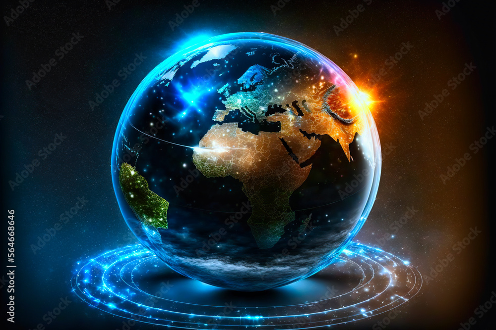 planet Earth globe shown in futuristic cyberpunk hologram style, news ...
