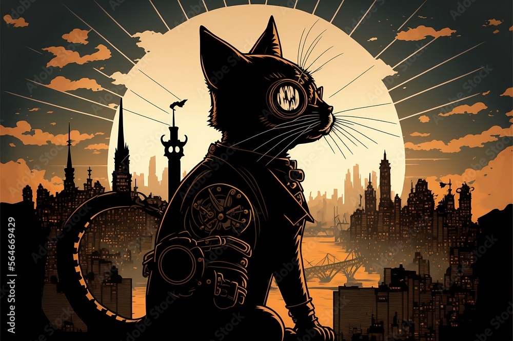 Steampunk cat cartoon illustration. Cityscape skyline background black ...