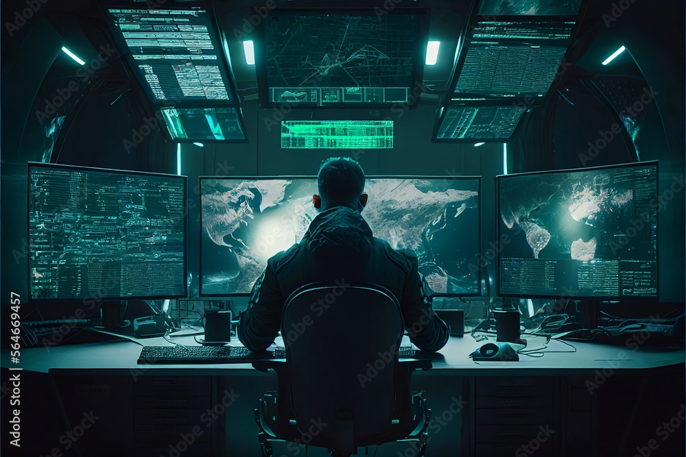 Hacker in front of big screens in a dark cinematic command center Stock ...