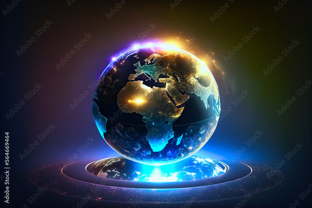 planet Earth globe shown in futuristic cyberpunk hologram style, news ...