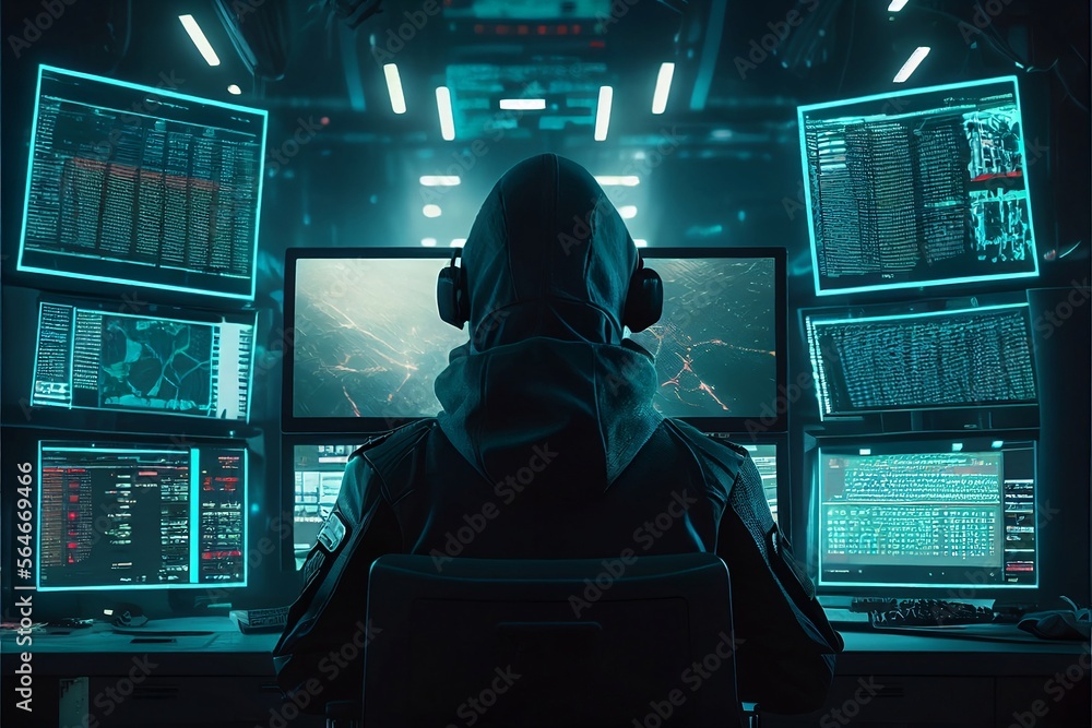 Hacker in front of big screens in a dark cinematic command center Stock ...