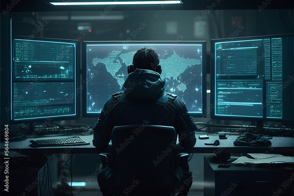 Hacker in front of big screens in a dark cinematic command center Stock ...