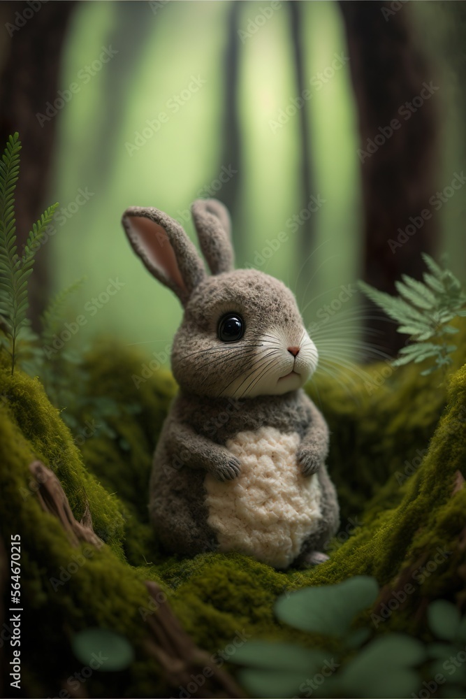 Cute little bunny rabbit crochet knitted toy sitting on mossy surface ...