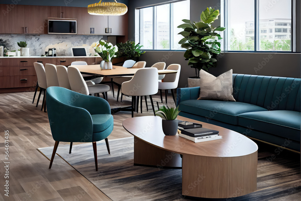 A modern, minimalist office with ergonomic furniture and a dynamic view ...