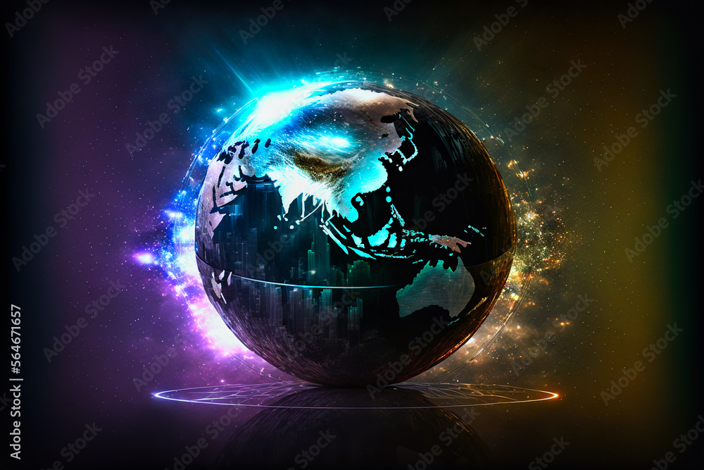 planet Earth globe shown in futuristic cyberpunk hologram style, news ...
