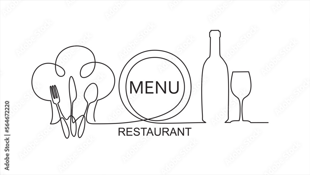One single line drawing of chef hat, plate, fork, knife, bottle of wine ...