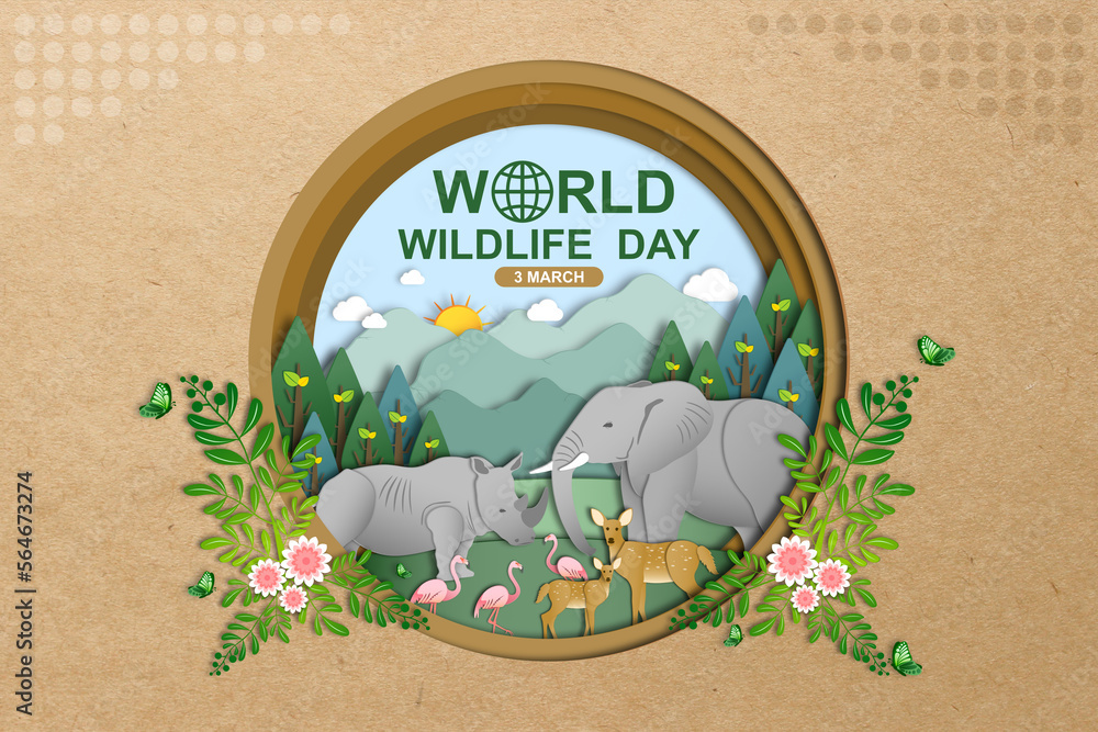 World wildlife day, Wild animals and Natural botanical paper art style ...