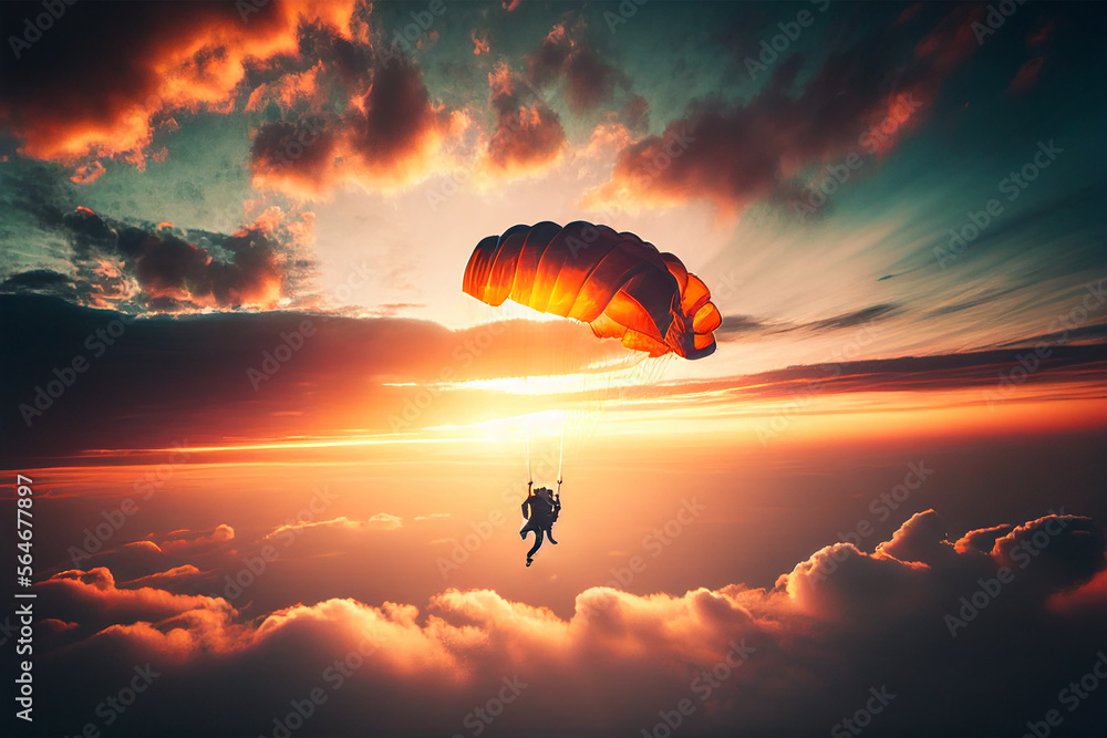 Parachuting. Paratroopers or parachutist free-falling and descending ...