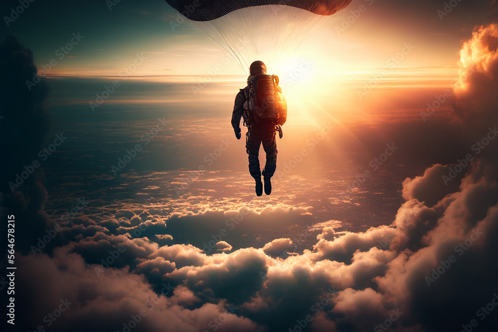 Parachuting. Paratroopers or parachutist free-falling and descending ...