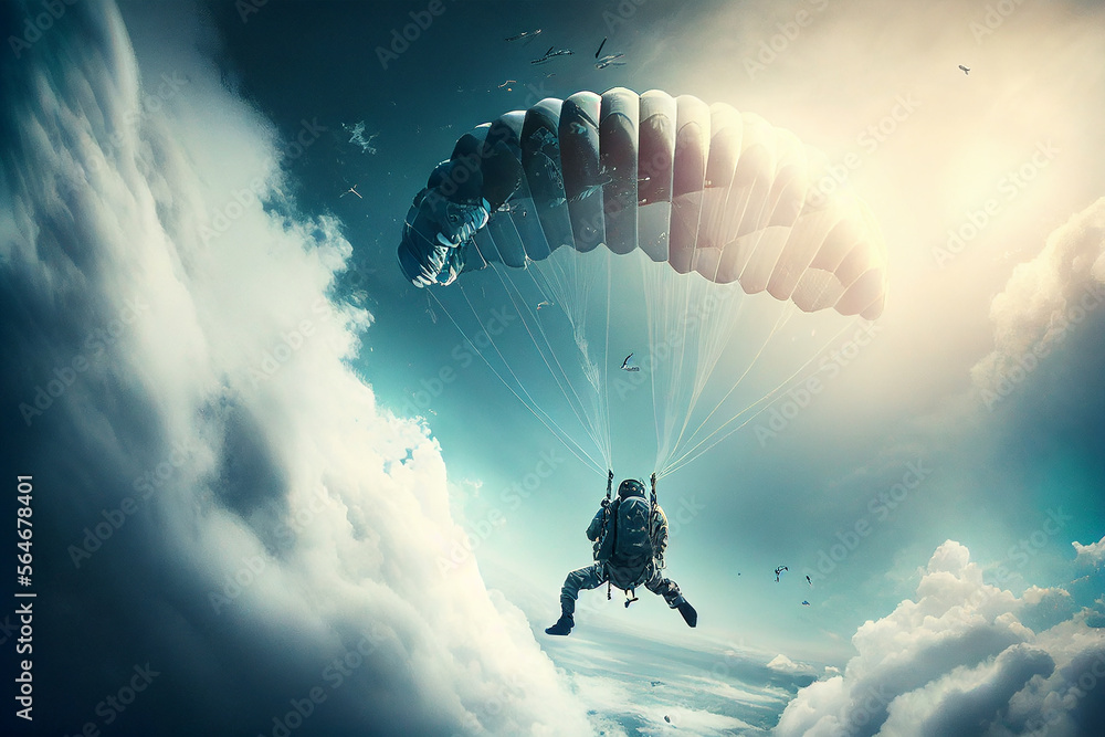 Parachuting. Paratroopers or parachutist free-falling and descending ...