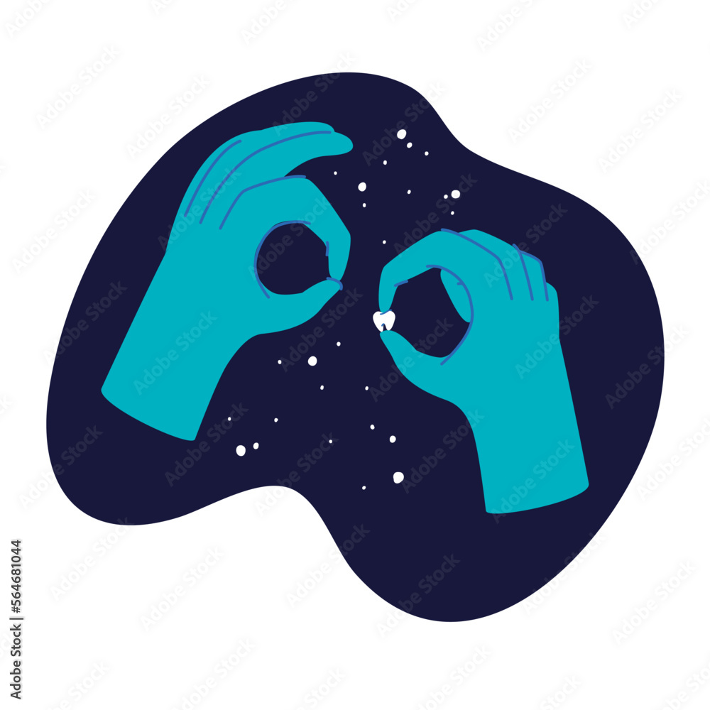 Hand showing ok sign. A gloved hand holds a molar. Professional ...