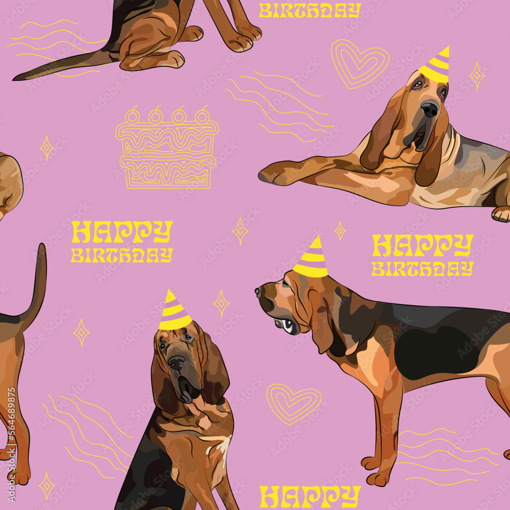 Vecteur Stock Happy Birthday Pattern with Bloodhound dog in a party hat ...