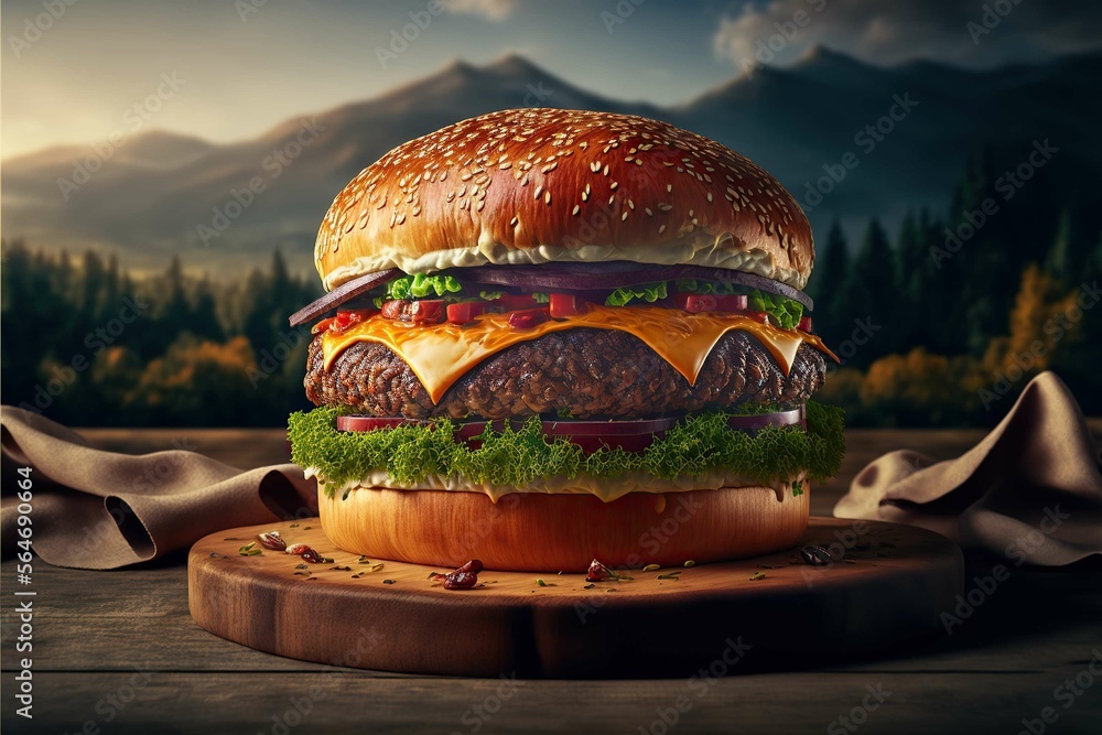 portrait Tasty Hot burger publicity on wooden tabel ,Cinematic ...