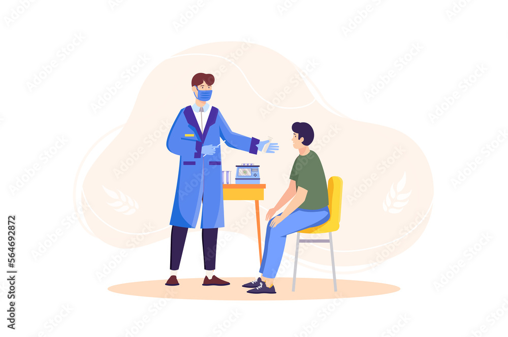 Concept PCR test with people scene in the flat cartoon style. Man takes ...