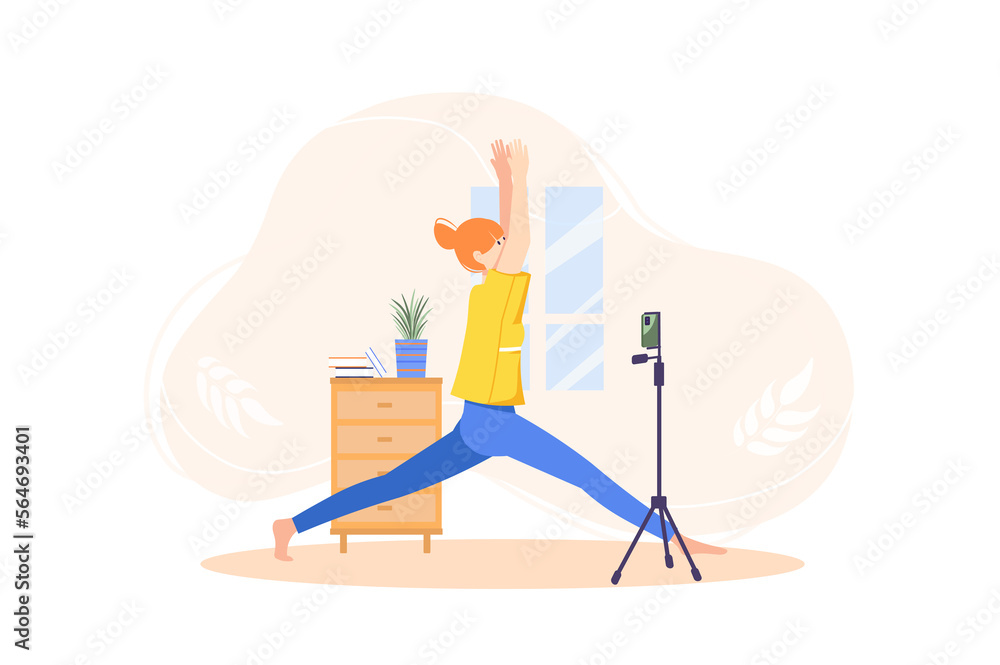 Streaming concept with people scene in the flat cartoon design. Blogger live shows physical ...