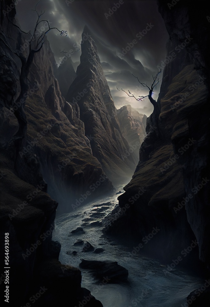 Dark deep narrow gorge canyon steep mountains of black rocks, dead ...