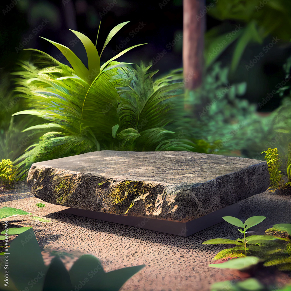 Stone platform in tropical green forest for product presentation ...
