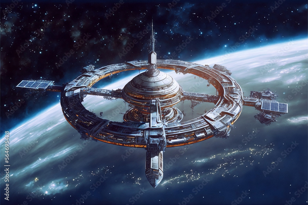 Futuristic high-tech space station illustration made with Generative AI ...