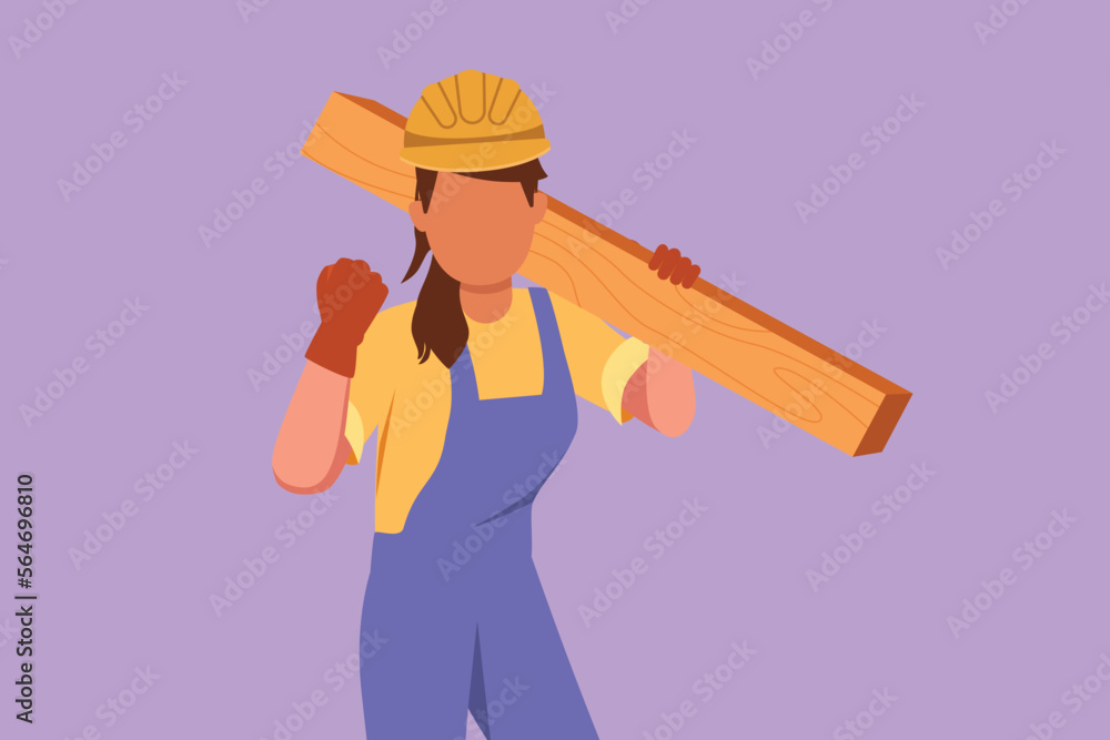 Graphic flat design drawing female carpenter carrying wooden board with ...