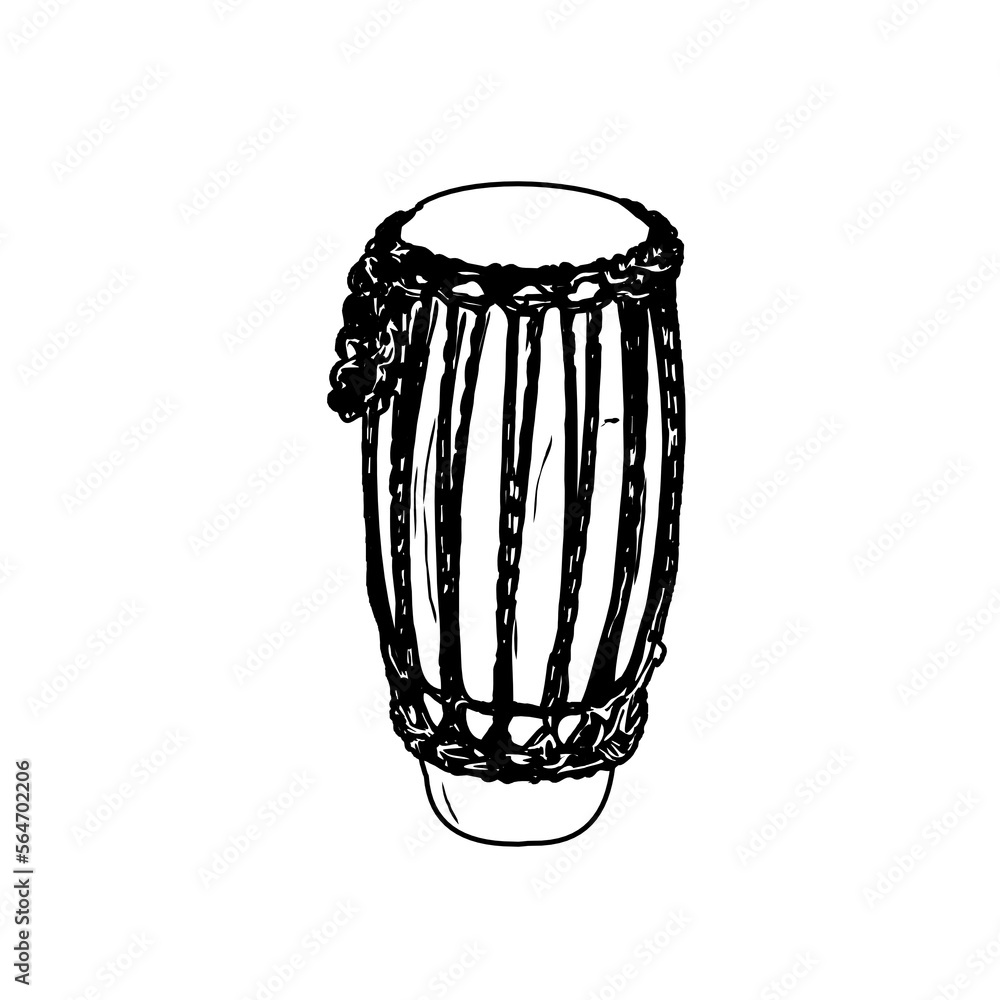 Black and white sketch of a traditional musical instrument with a ...