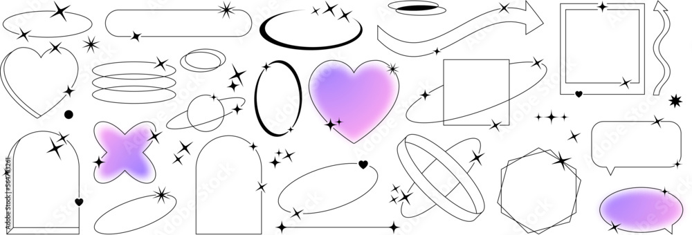 Aesthetic y2k geometric shapes with stars. Simple trendy frames. Retro basic line art design ...