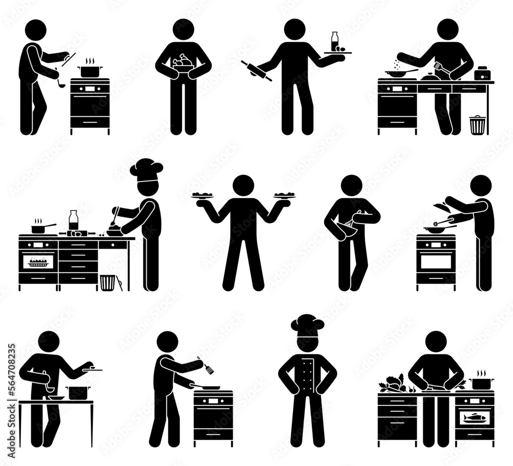 Stick figure man making breakfast, lunch, dinner vector illustration ...