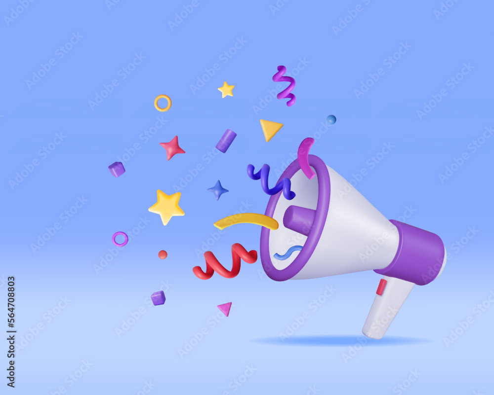 3D Megaphone with Colorful Confetti. Render Megaphone Realistic. Modern ...