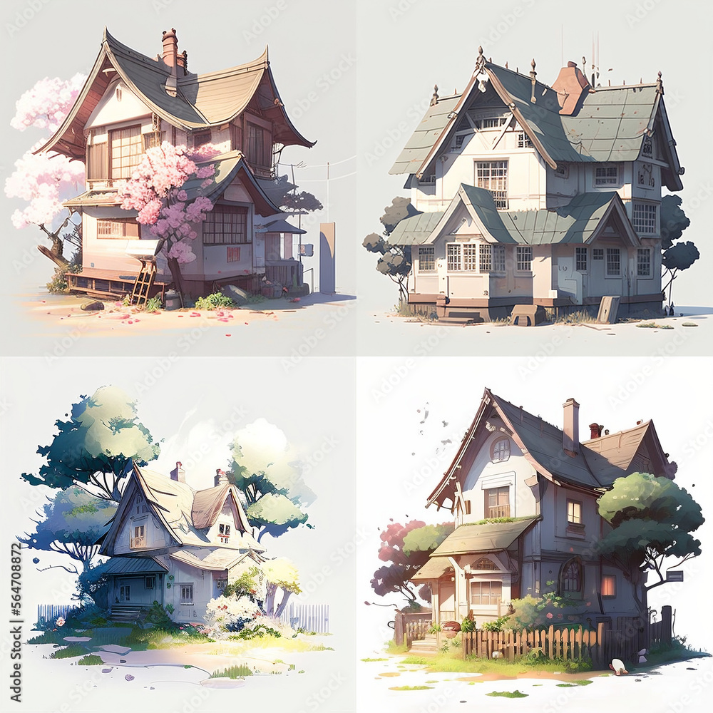 AI-Generated: White Background Houses for 2D Scenes Stock Illustration ...