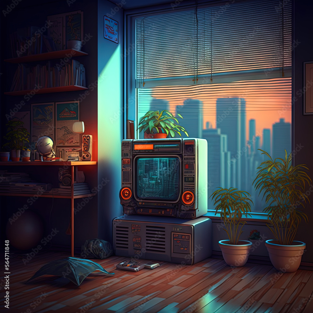 Nostalgic retro room in 80s synthwave or cyberpunk style. Futuristic ...