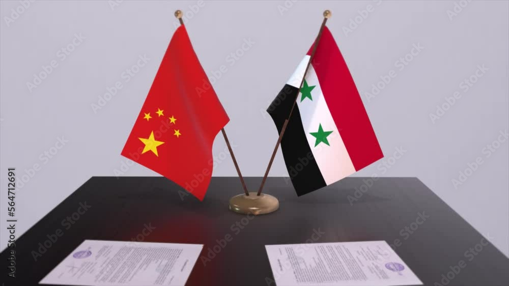 Syria and China flag 3D background. Politics illustration. Deal ...