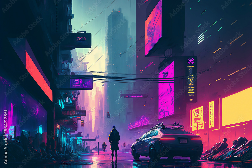 Night city Cyber punk landscape concept. Light glowing on dark scene ...