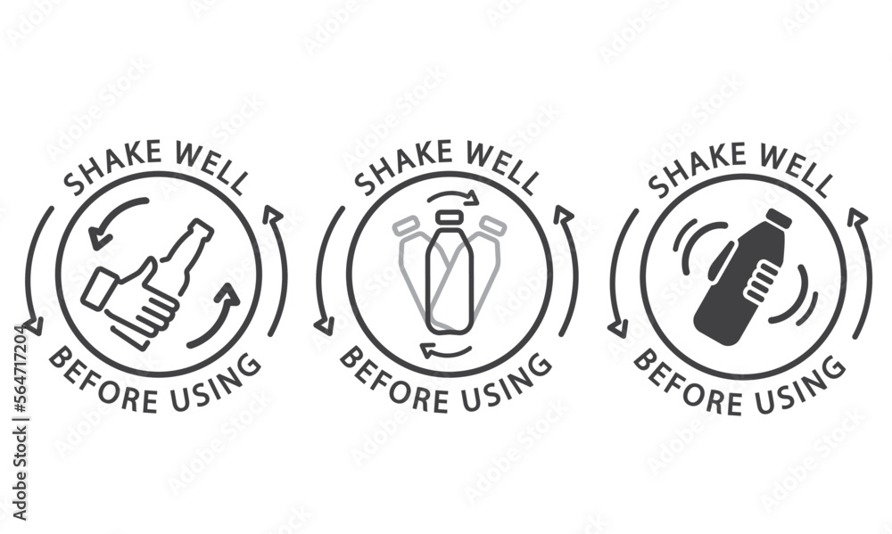 Shake well before using set, label, icon, vector, sticker. Stock Vector ...