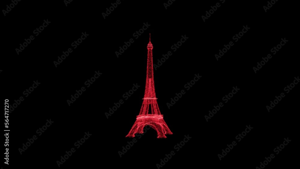 3d Eiffel Tower Rotates On Black Background Object Consisting Of Red Flickering Particles 60