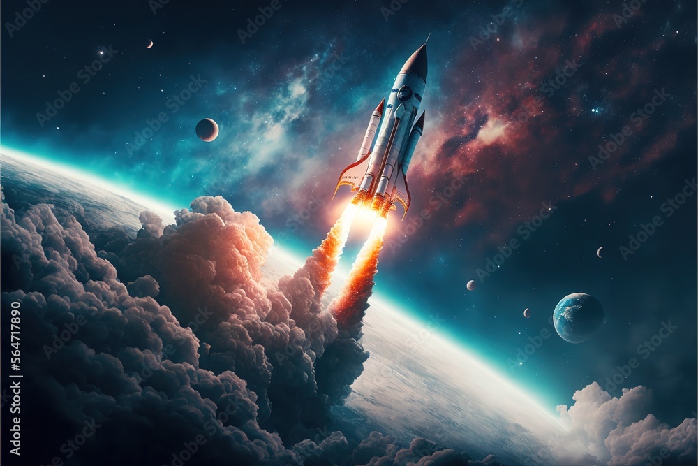 Space rocket lift off into cosmos with smoke and blast on a background ...