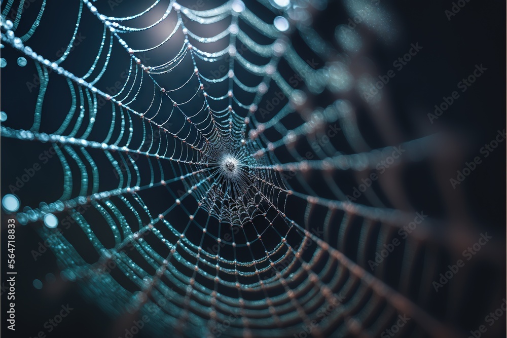 a spider web with water droplets on it's surface in the dark night sky ...