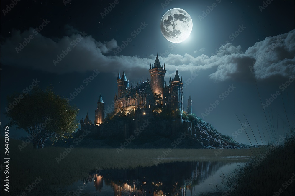 a castle with a full moon in the background and a lake in front of it ...