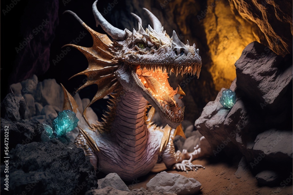 a dragon statue sitting on top of a rock covered ground next to a cave ...