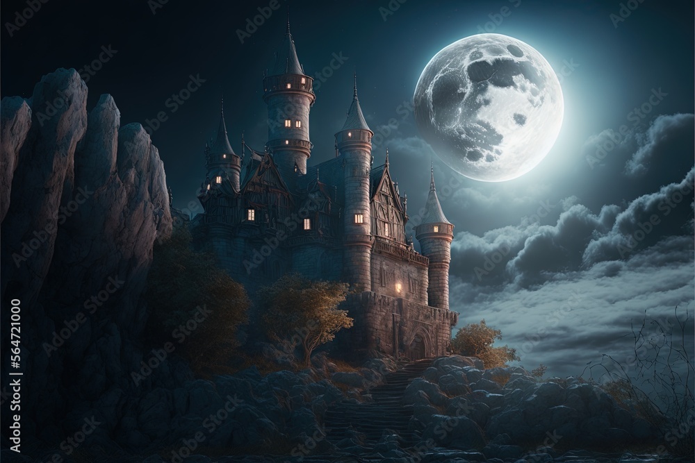 a castle with a full moon in the background and a dark sky with clouds ...