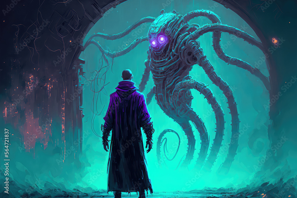 The Futuristic Man Standing And Facing The Tentacle Robot Digital Art