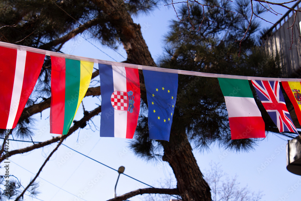 Flags of different European countries on rope in street. EU flag ...