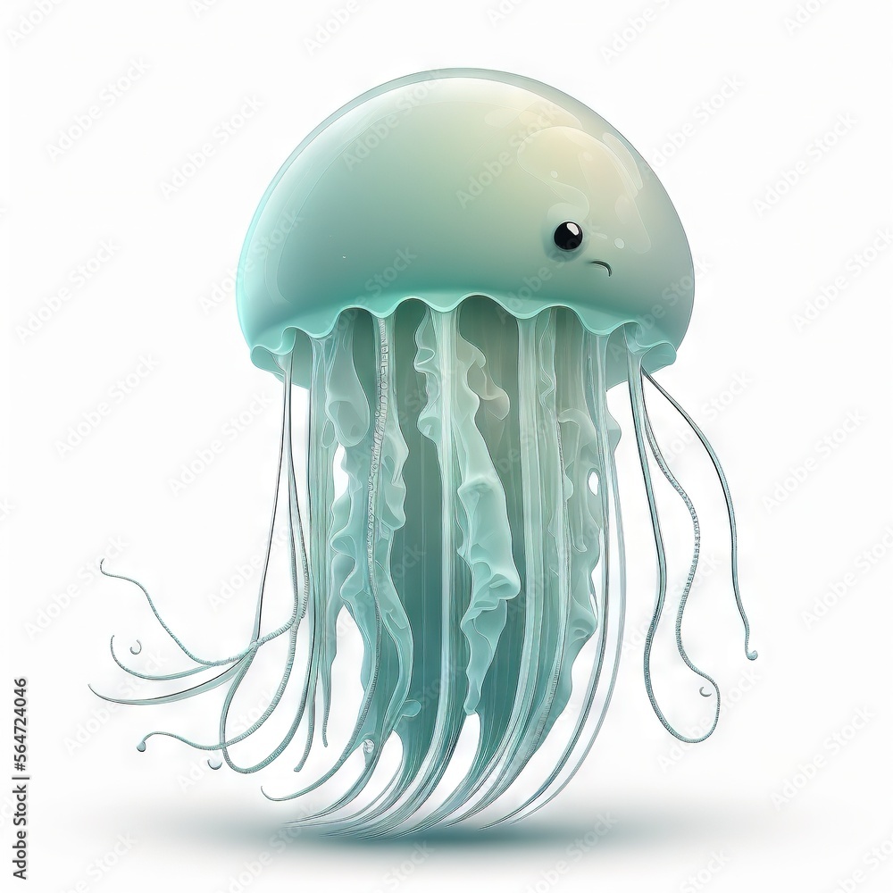 a jellyfish with a sad face and a long tentacles is floating in the ...