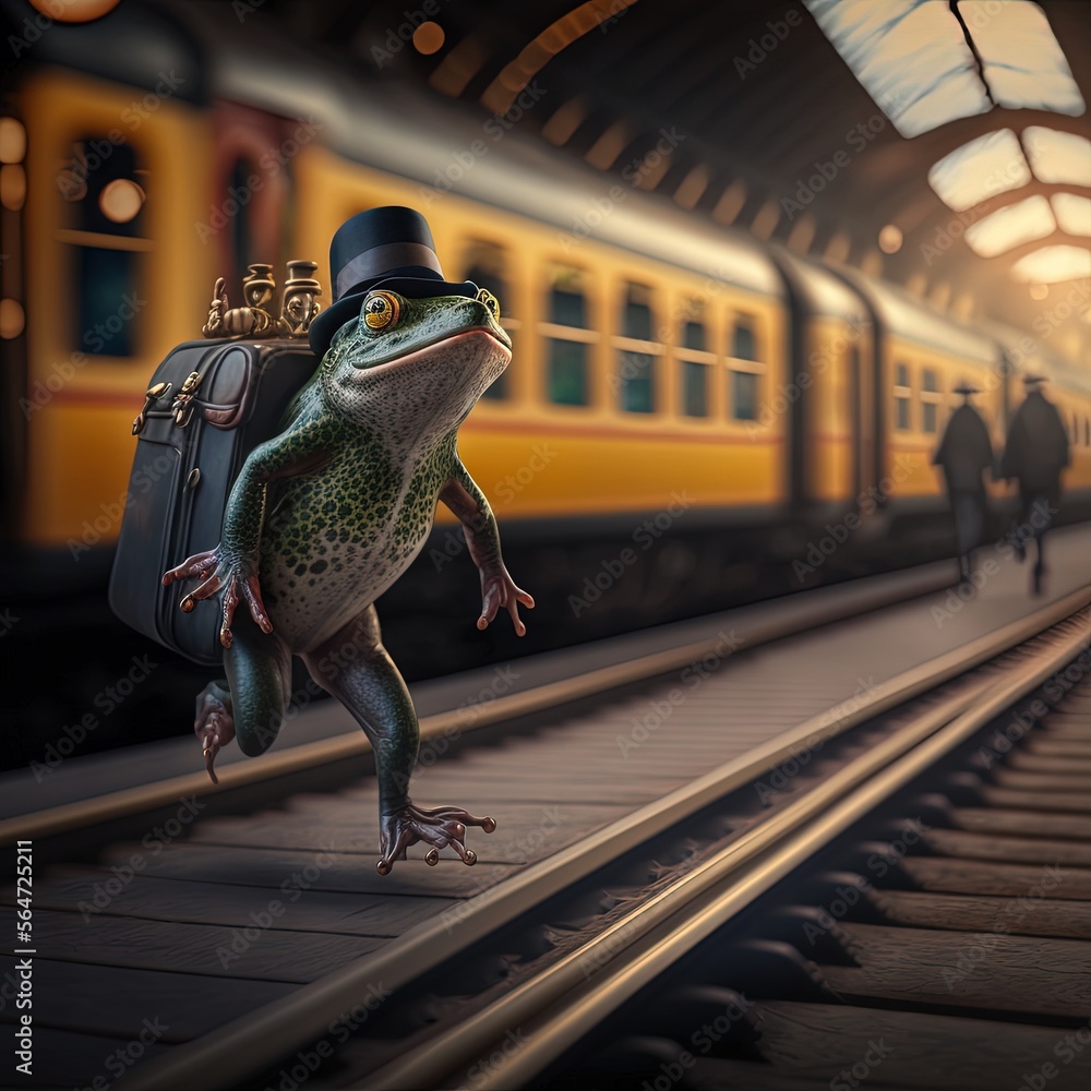 a frog with a hat and suitcase on its back is standing on a train ...